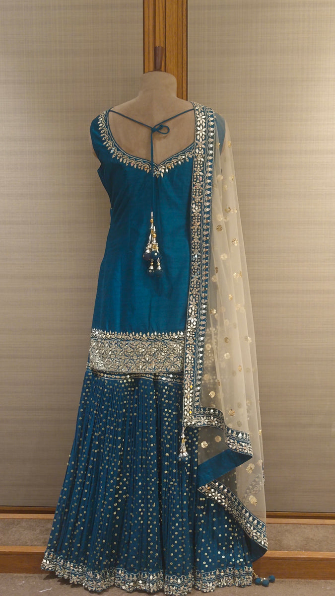 Turquoise Blue Silk Sharara Suit with Mirrors, Sequins, and Tilla Embr ...