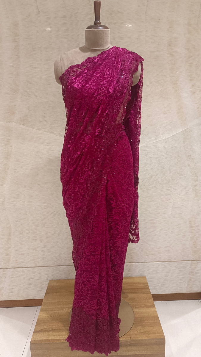 Maroon Net Saree with Swarovski Crystal Lace Insert– Frontier Phagwara