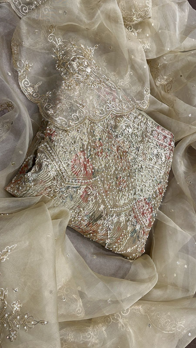 Unstitched Beige Gold Crushed Tissue Fabric Suit.– Frontier Phagwara