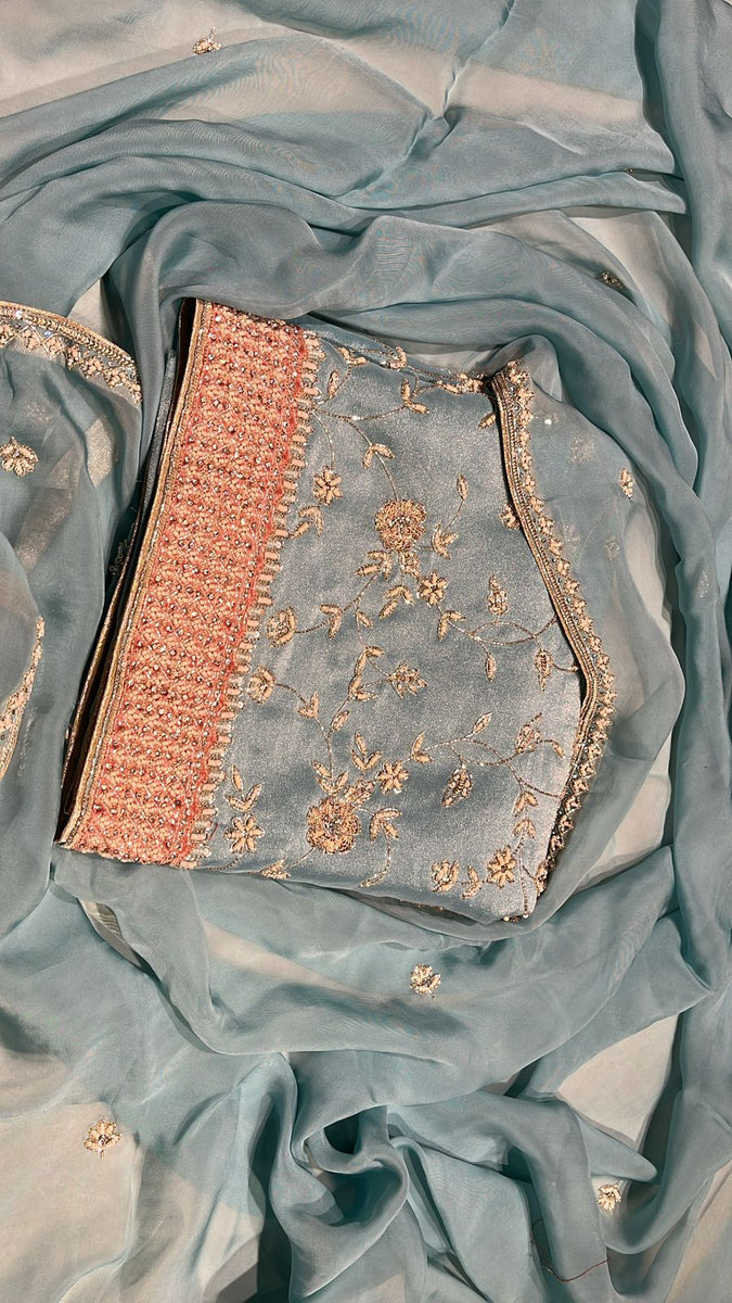 Sparkling Sky Blue Unstitched Tissue Suit Set– Frontier Phagwara