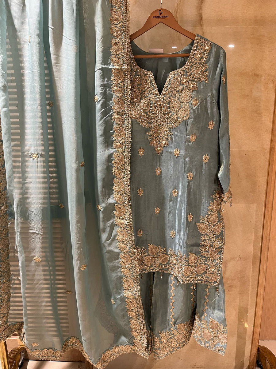 Sophisticated Dusty Teal Blue Readymade Sharara Suit Set– Frontier Phagwara