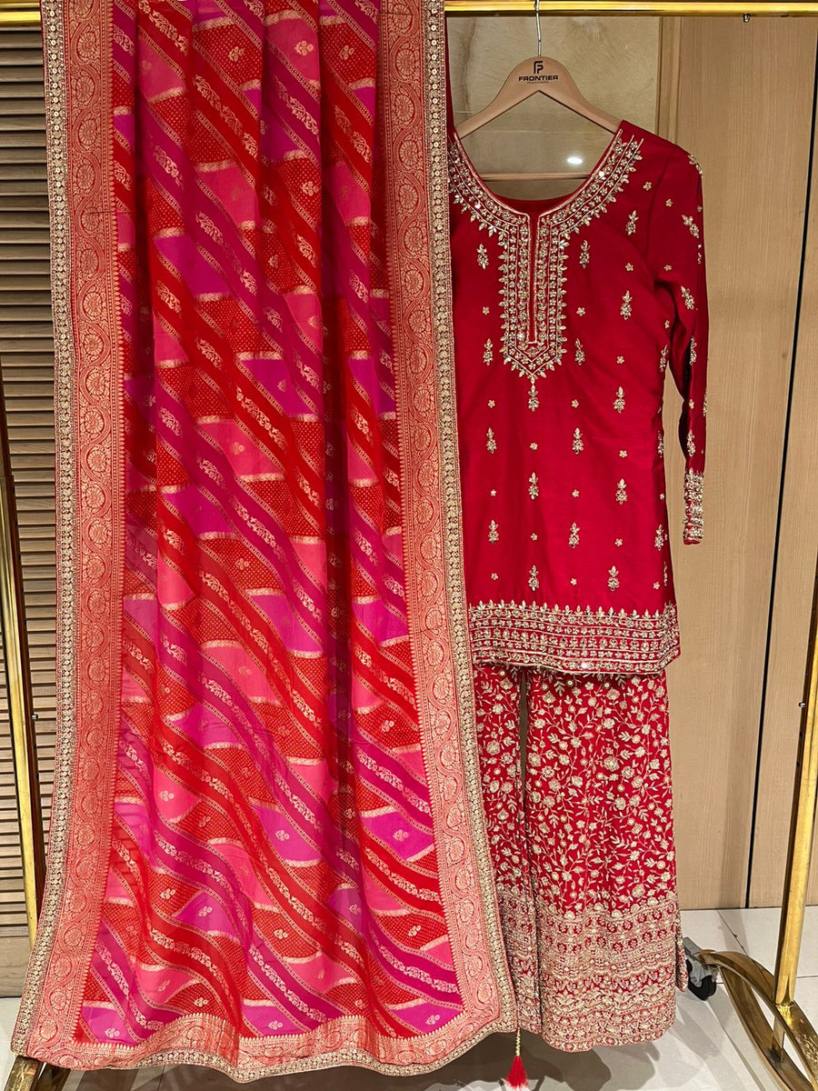 Sophisticated Red Readymade Sharara Suit Set– Frontier Phagwara