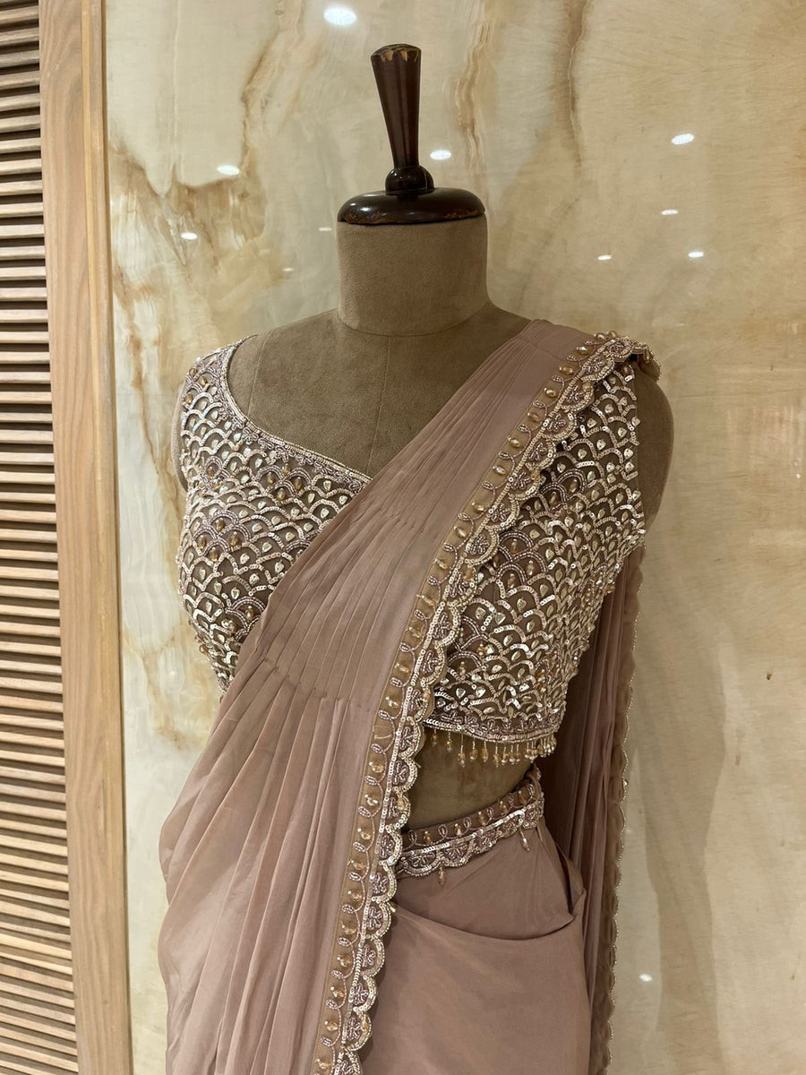 Elegant Light Tan Readymade Pre-Drape Saree Set– Frontier Phagwara