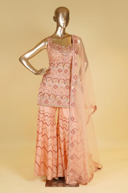 Peach Sharara set embellished with Thread, Bead and Naqshi work ...