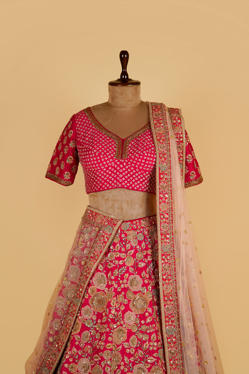 Rani Pink Lehenga adorned with Million Flowers on the Skirt– Frontier ...